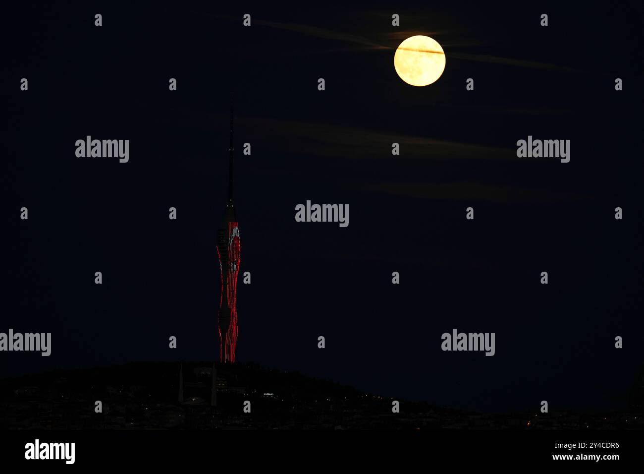 A supermoon rises over Camlica tower in Istanbul, Turkey, Tuesday, Sept ...