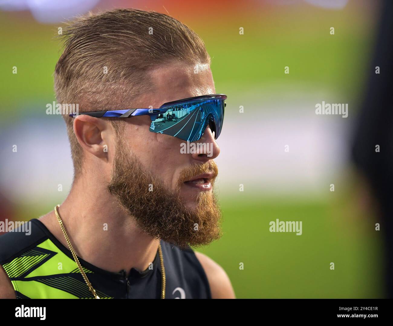CJ Allen of the USA competing 400m hurdles at the Memorial Van Damme ...