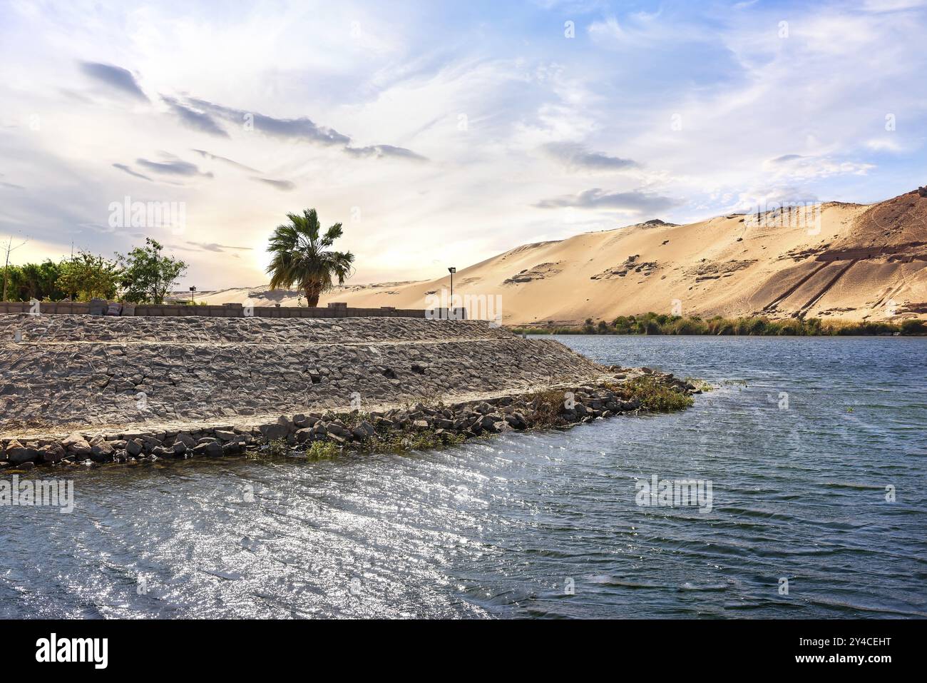 Sand dunes on river Nile at sunset in Aswan, Egypt, Africa Stock Photo ...