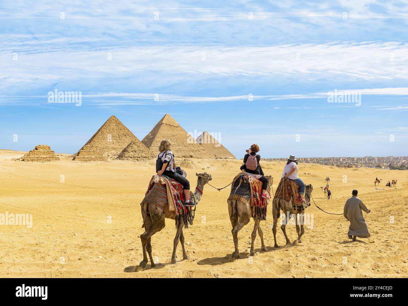 Camel riding near the Great Pyramids in Giza, Egypt, Africa Stock Photo ...