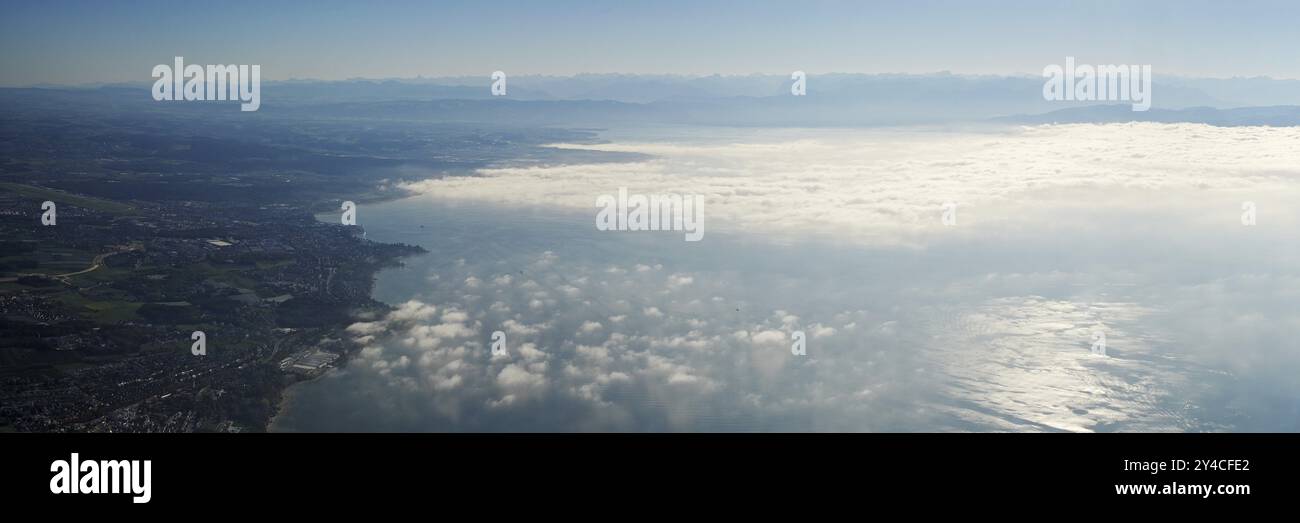 Aerial view, The cloudy Lake Constance, Friedrichshafen and the Bregenz ...