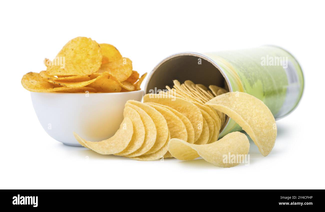 Crispy potato chips in bowl and tube isolated on a white background ...
