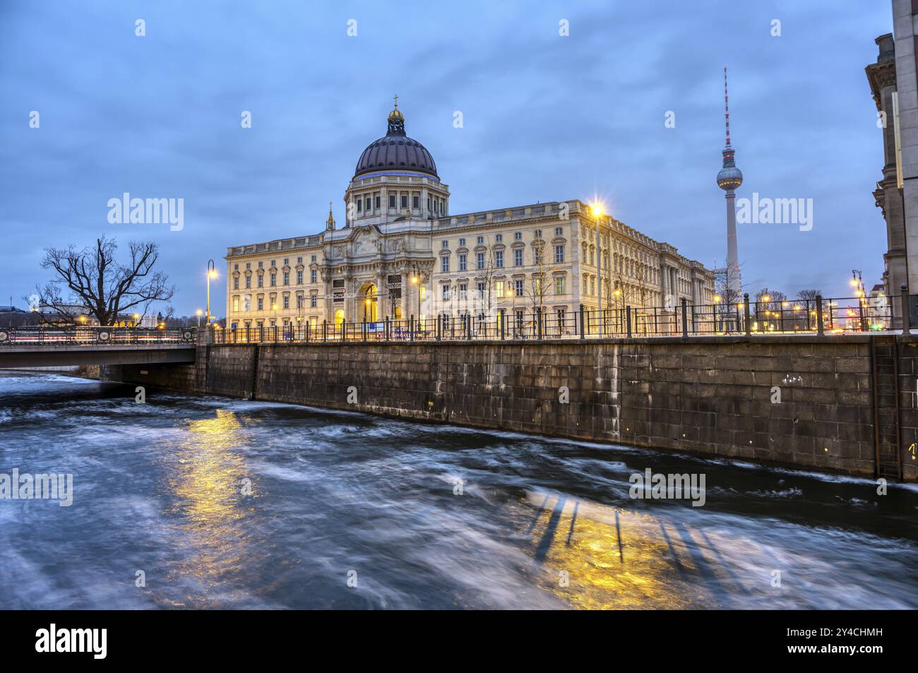 The rebuilt Berlin City Palace and the famous television tower at dusk ...