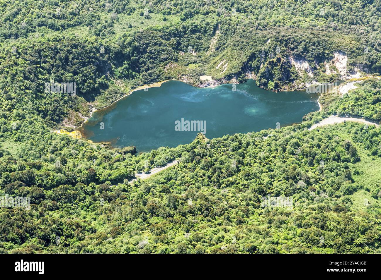 Aerial view of the hot geothermal frying pan lake in Echo Crater in the ...