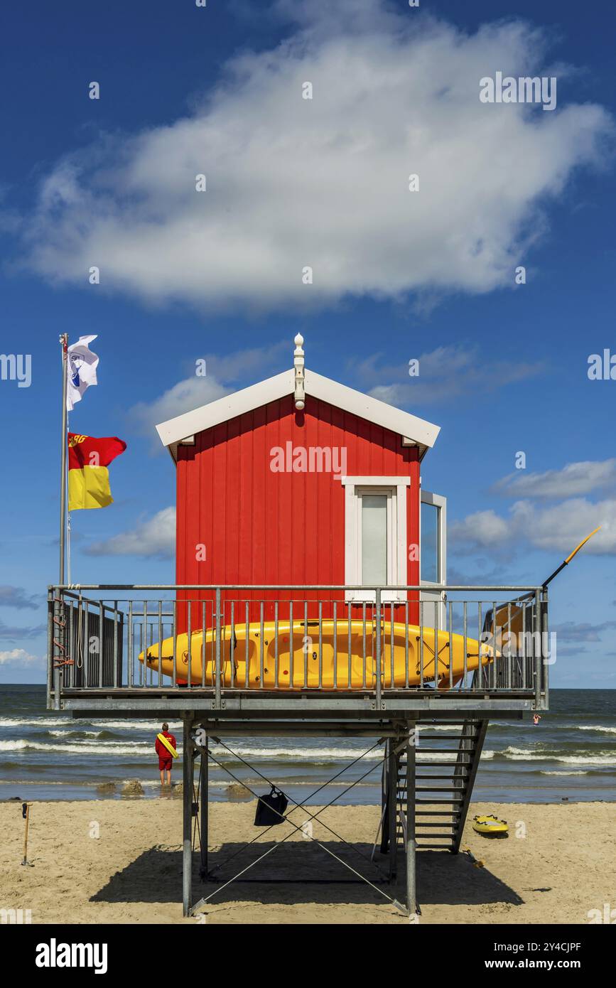 Hut for lifeguards, red, observation tower, rescue tower, beach ...