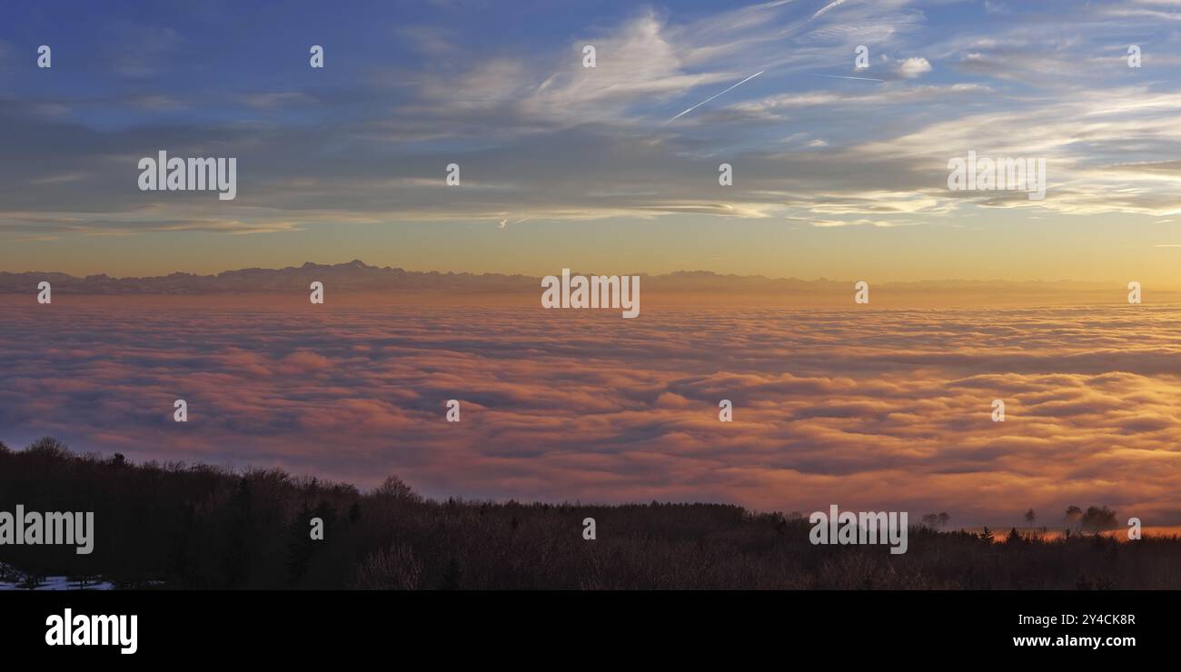 Sunset in a sea of fog over Lake Constance, inversion weather situation ...