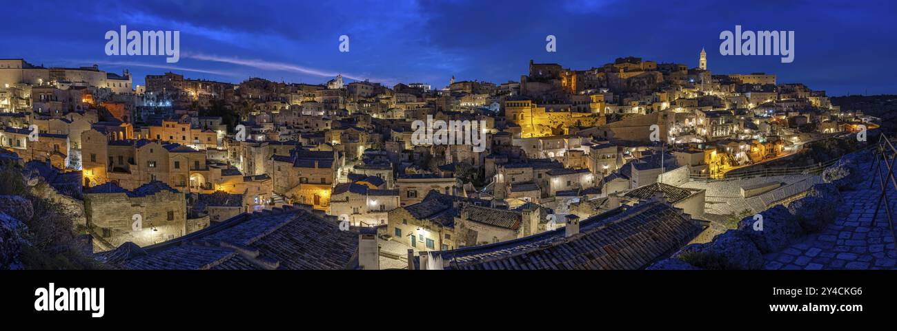 Panorama of the historic centre of Matera in southern Italy by night ...