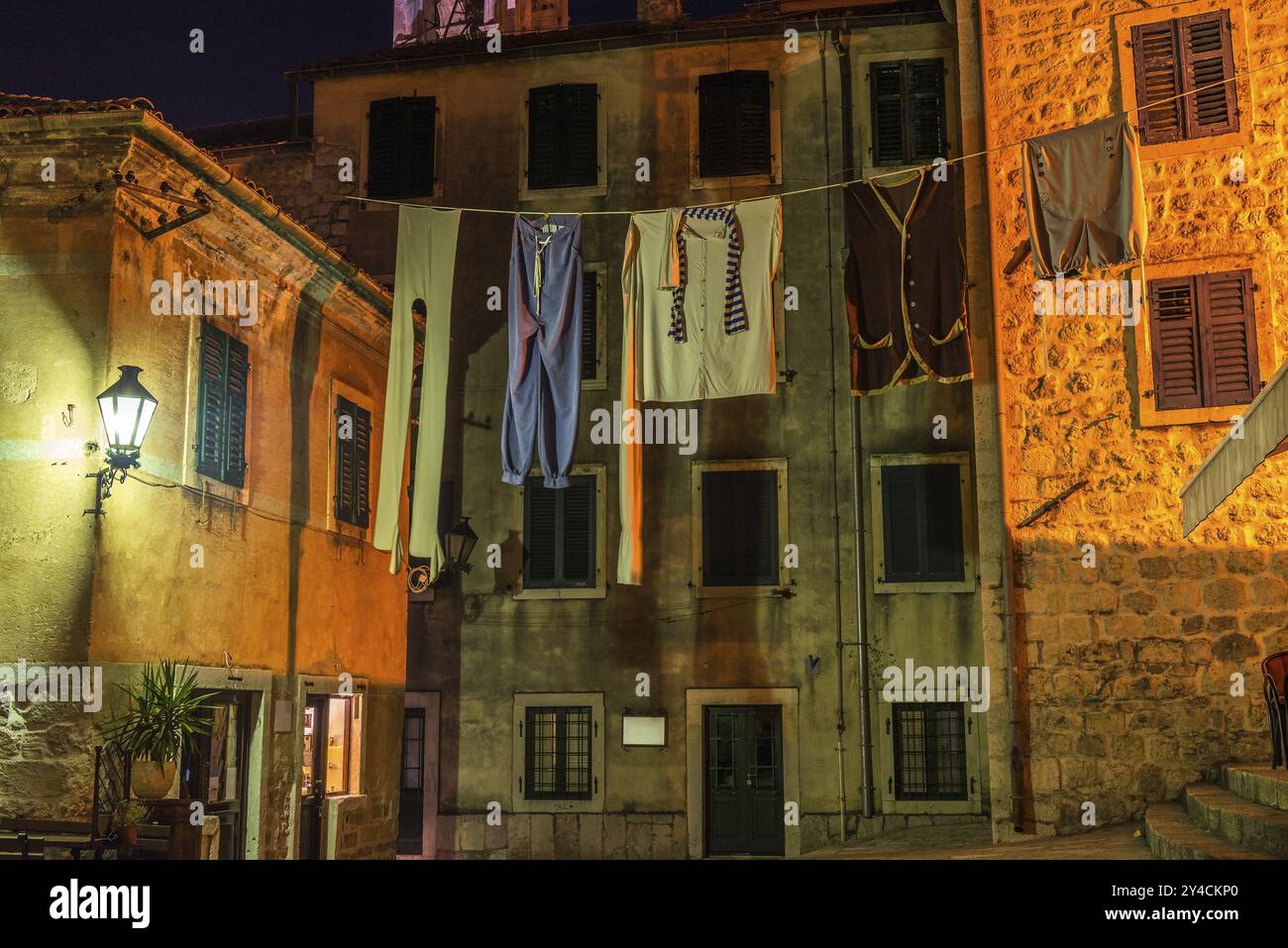 Huge Laundry on the squre of Old Town in Kotor at night, Montenegro ...