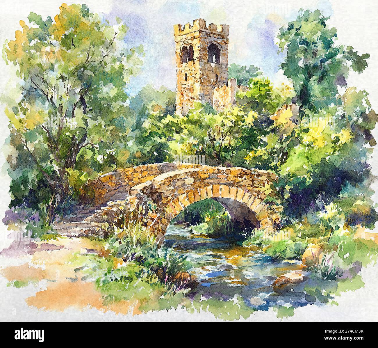 Watercolor painting. An ancient tower and a small stone bridge over a ...