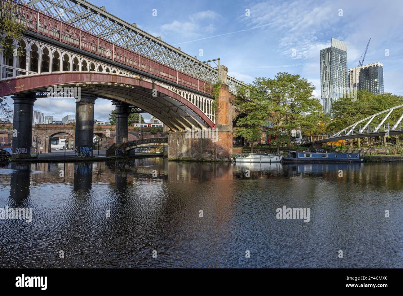 The Castlefield Viaduct, an old railway bridge in Manchester, England ...