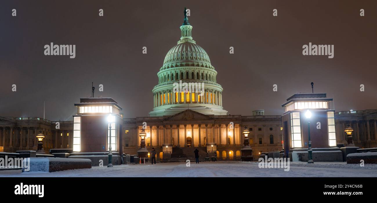Washington D. C. in night winter snow. Capitol Building in night ...