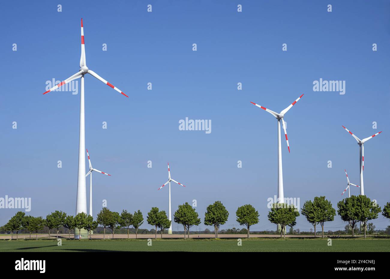 Modern wind turbines on a tree-lined road in Germany Stock Photo - Alamy