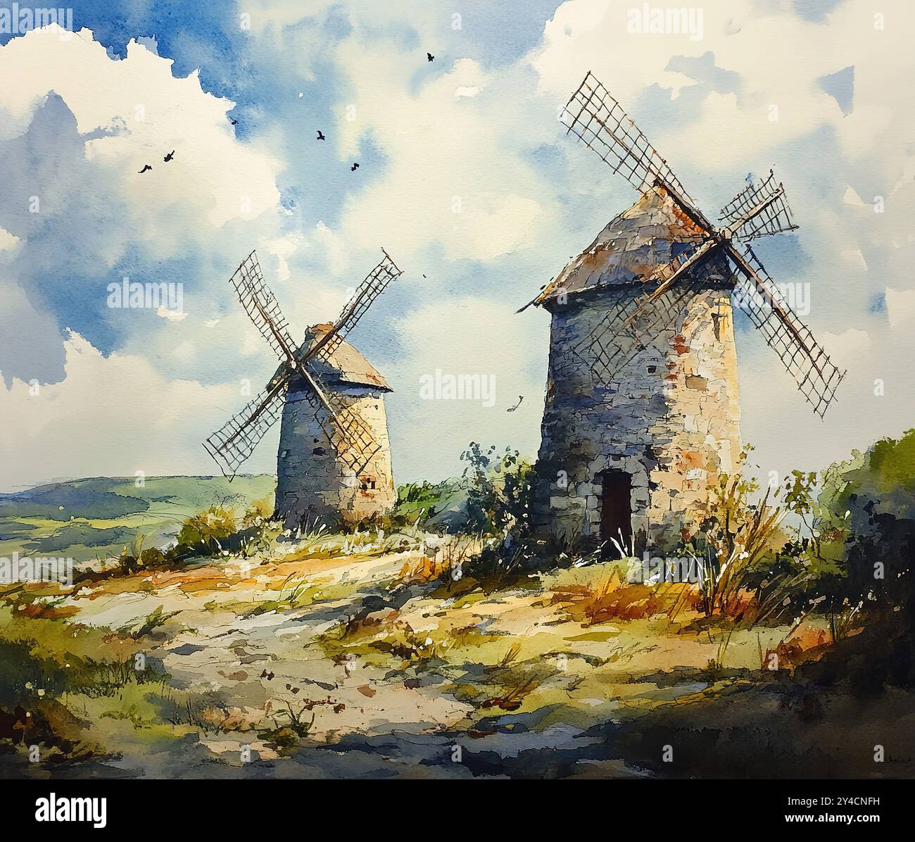 Watercolor painting. Historic windmills are surrounded by scenic nature ...
