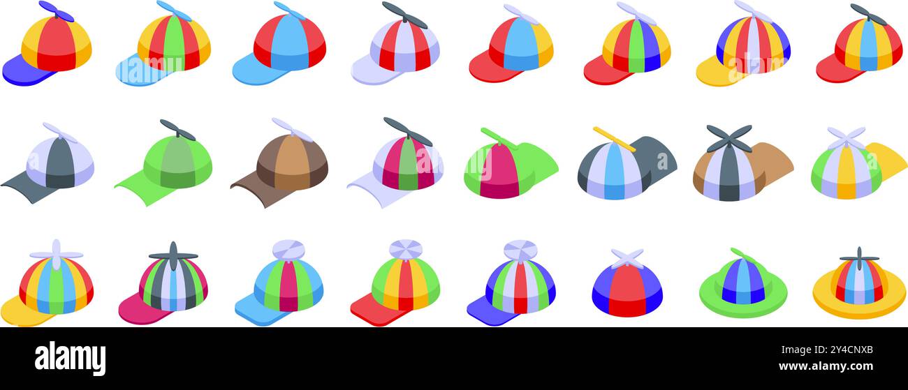 Cap propeller icons set. Set of funny colorful propeller hats with ...