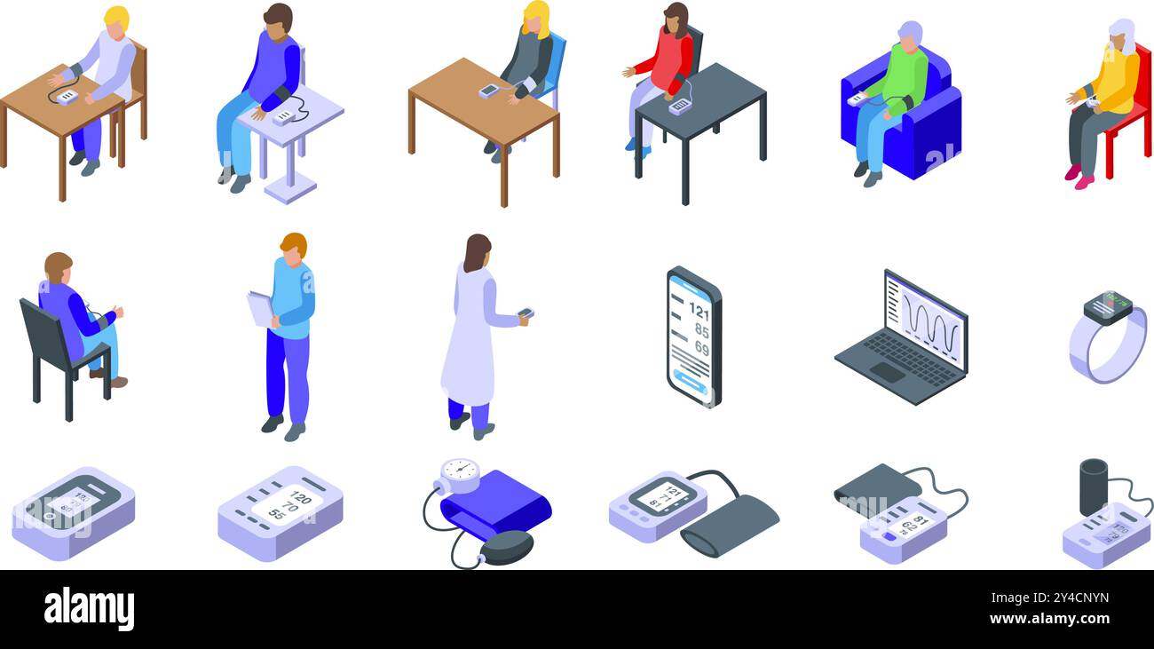 Measure blood pressure icons set. Collection of diverse people checking ...