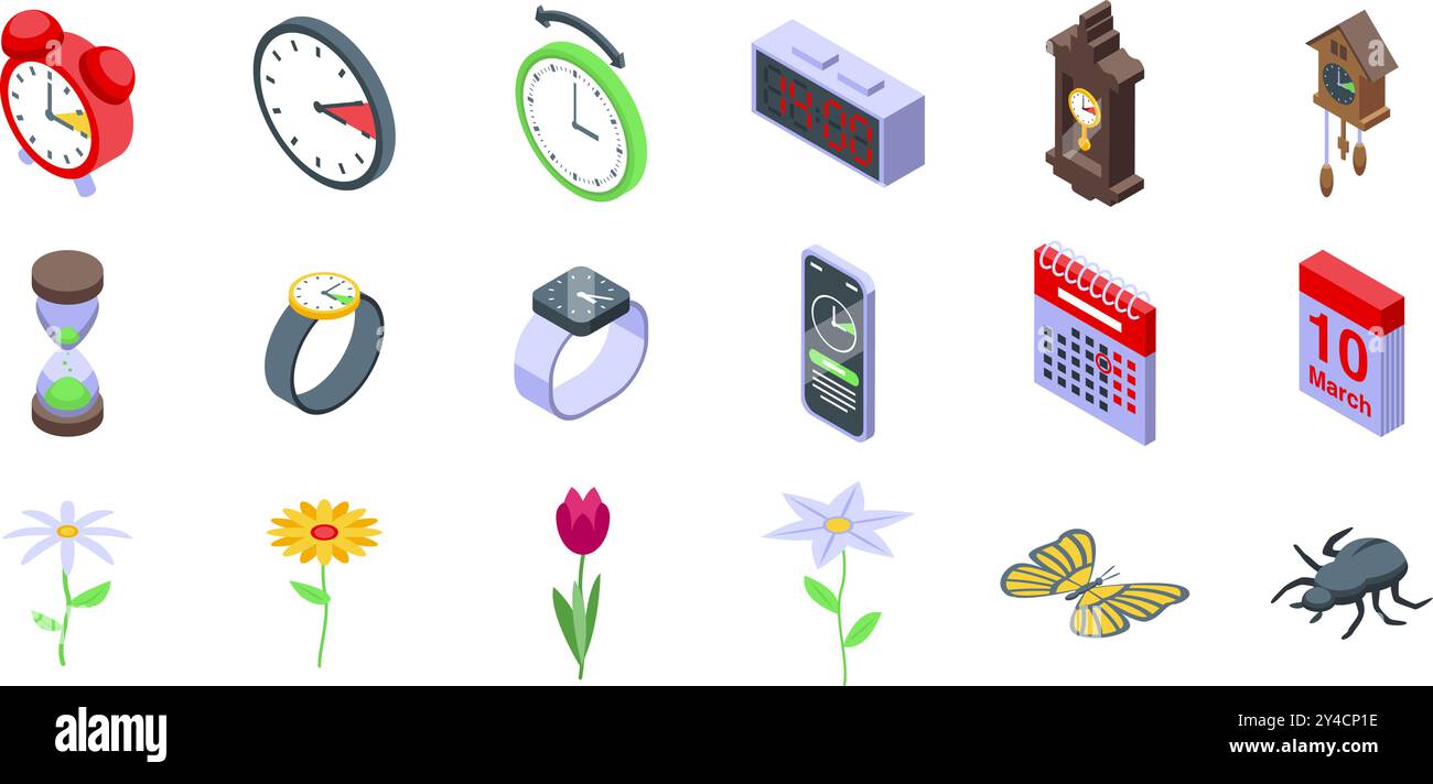 Spring forward icons set. This is a set of isometric icons representing ...