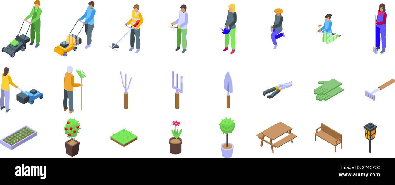 Lawn worker icons set. Gardeners are planting and caring for plants ...