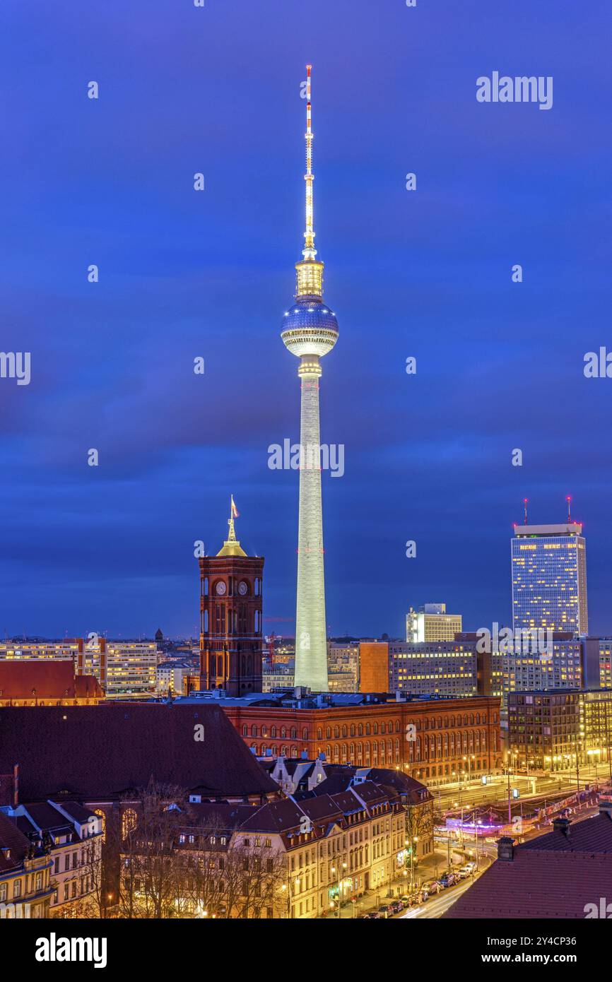 The famous television tower in the centre of Berlin by night Stock ...