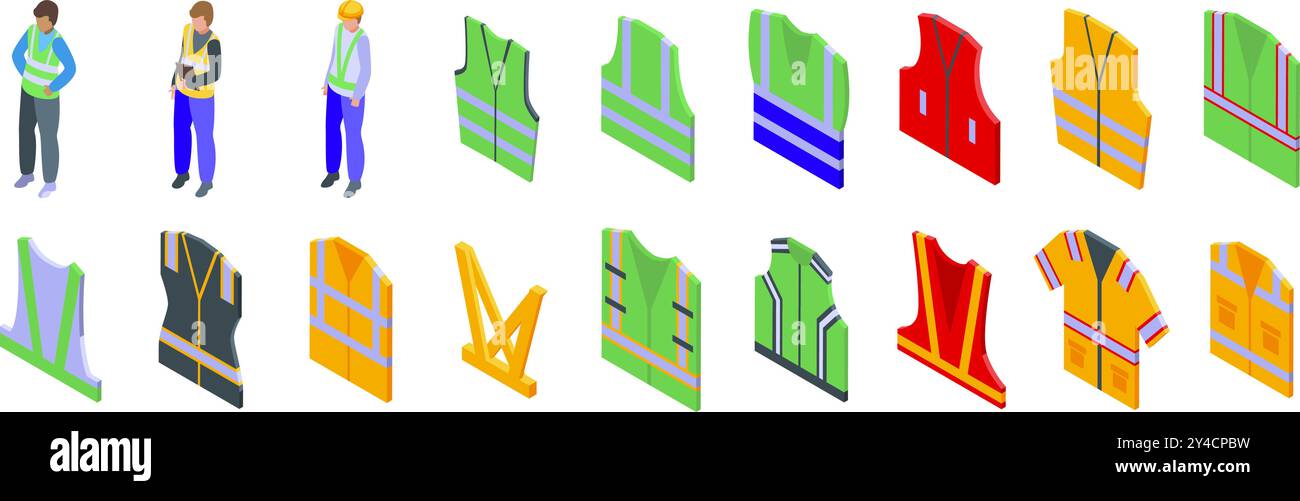Safety vest icons set. Large set of high visibility reflective safety ...