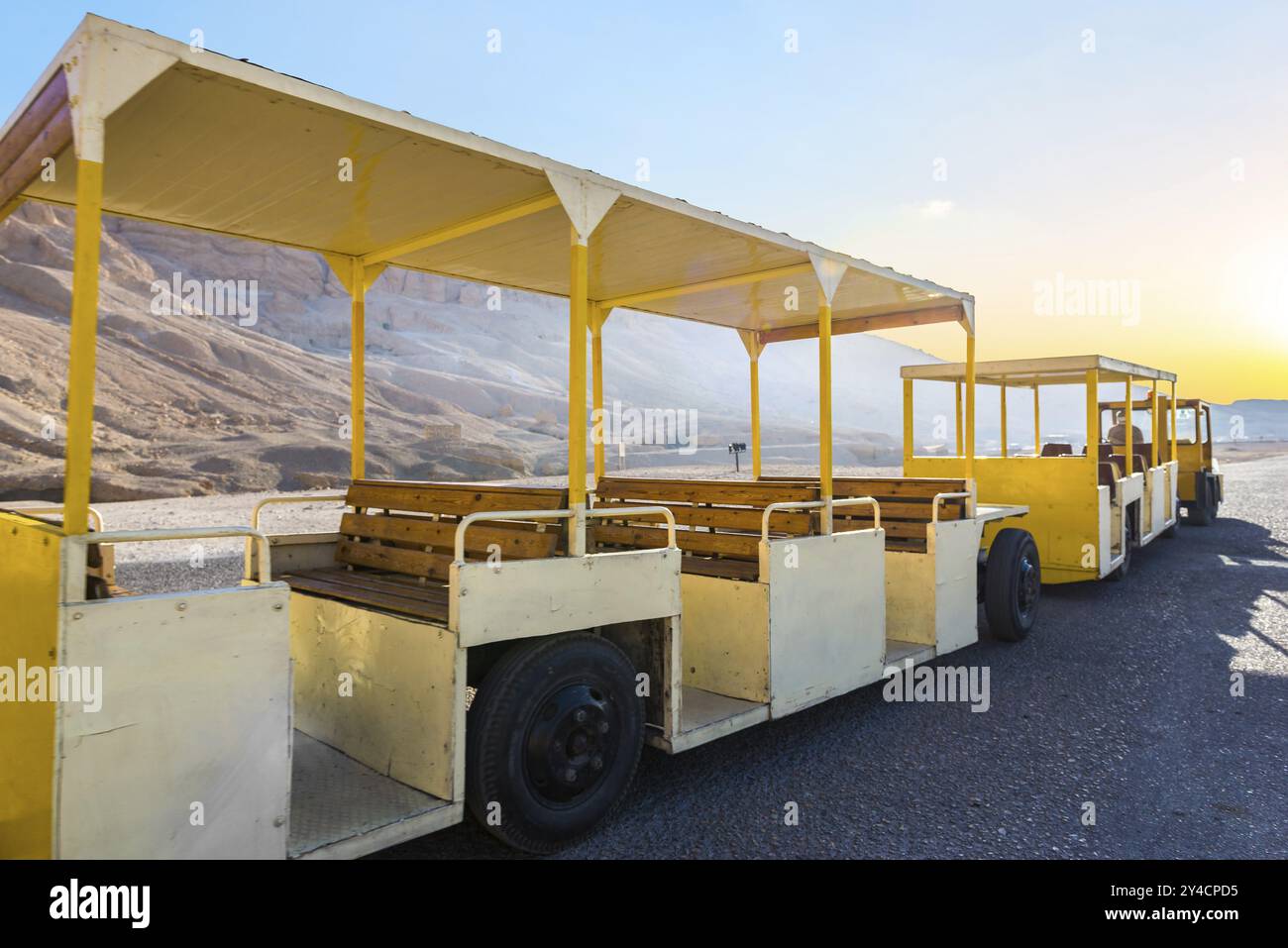 Touristic bus in desert of Luxor near Hatshepsut temple, Egypt, Africa ...