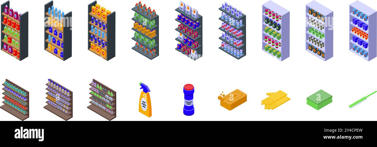 Shelves household chemicals icons set. Isometric vector illustration ...