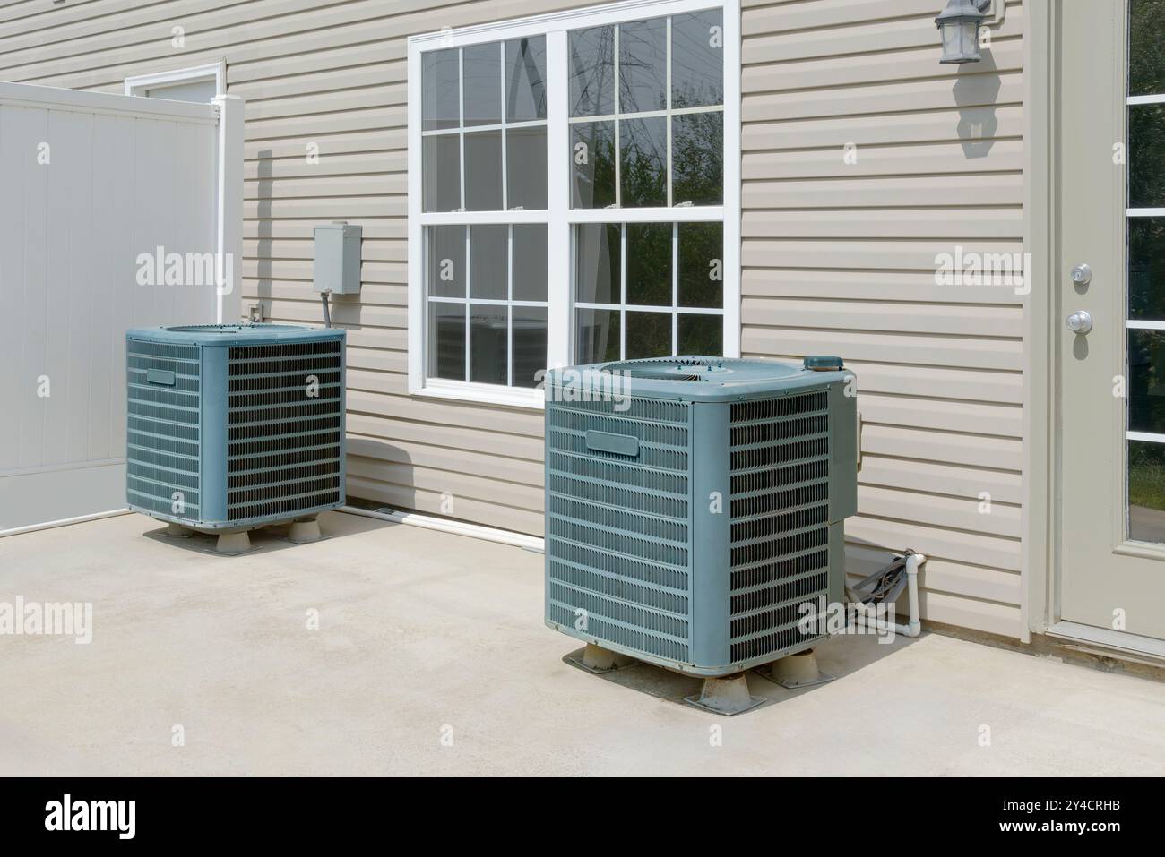 Horizontal shot of two external HVAC air conditioning units on a condo ...