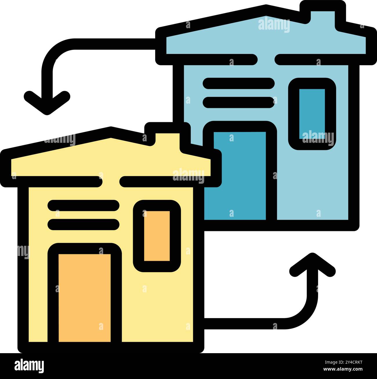 This vector illustration depicts two warehouses exchanging goods ...