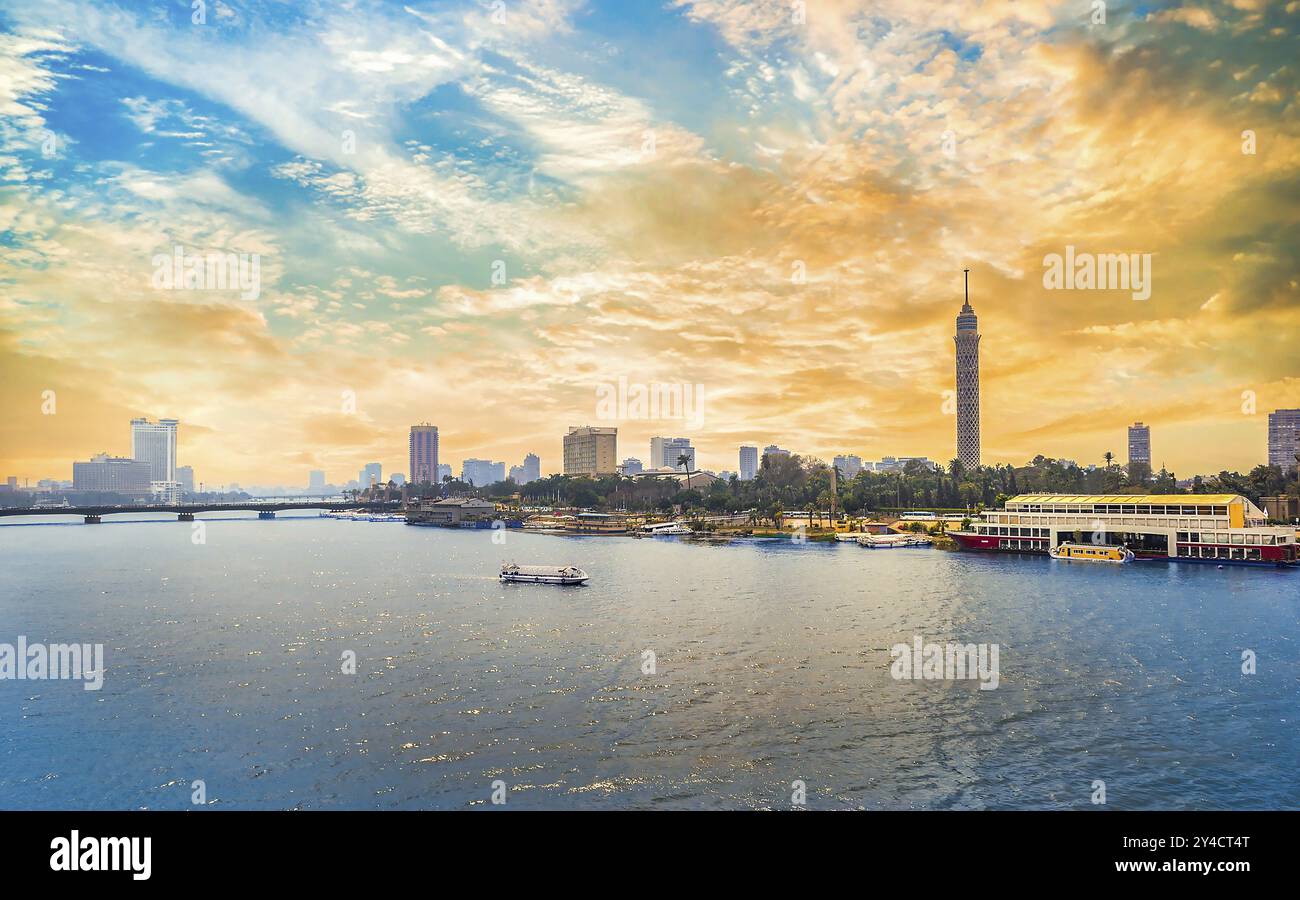 Cairo downtown with modern buildings on river Nile at sunset Stock ...