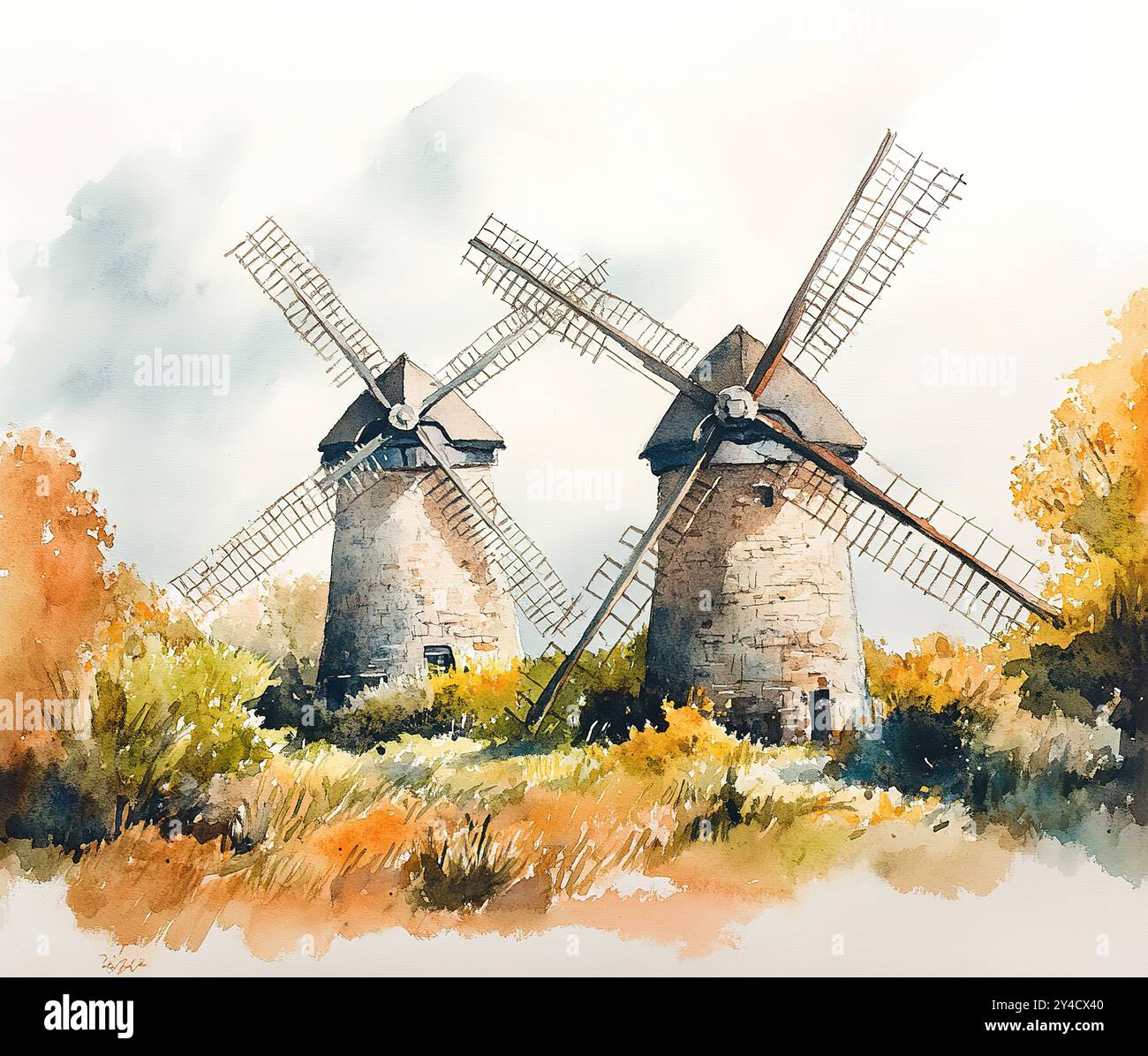 Watercolor painting. Two windmills stand quietly amidst vibrant autumn ...