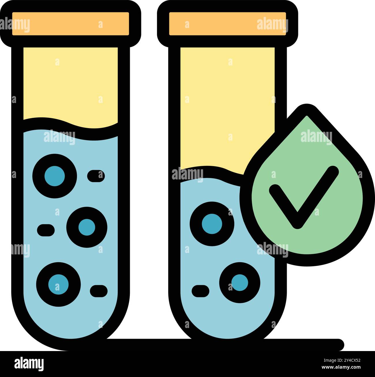 Two laboratory test tubes with blue liquid and green check mark ...