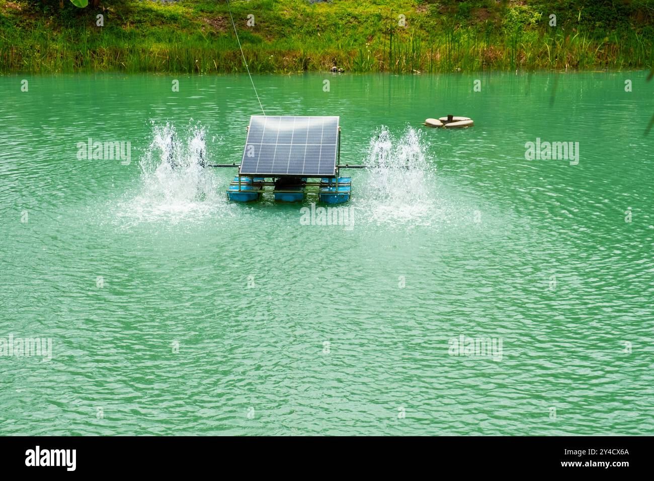 Solar panel mounted on floating platform with paddle wheel aerators ...