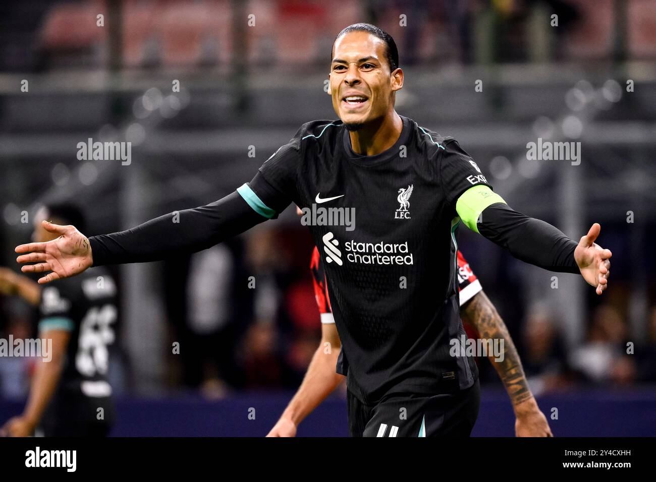 Milano, Italy. 17th Sep, 2024. Virgil van Dijk of Liverpool FCreacts ...