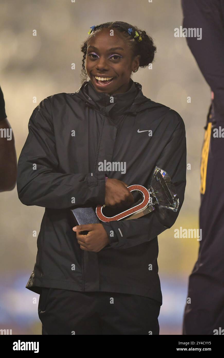 Brittany Brown of the USA with her Diamond League Trophy for 2024 at ...