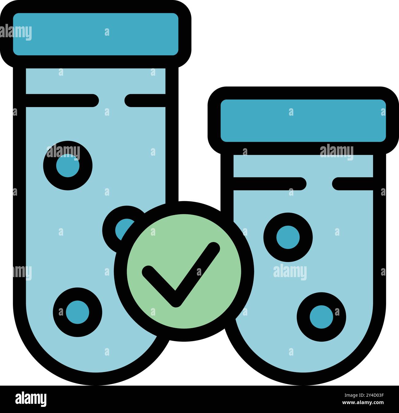 Laboratory test tubes with blue liquid and green check mark ...