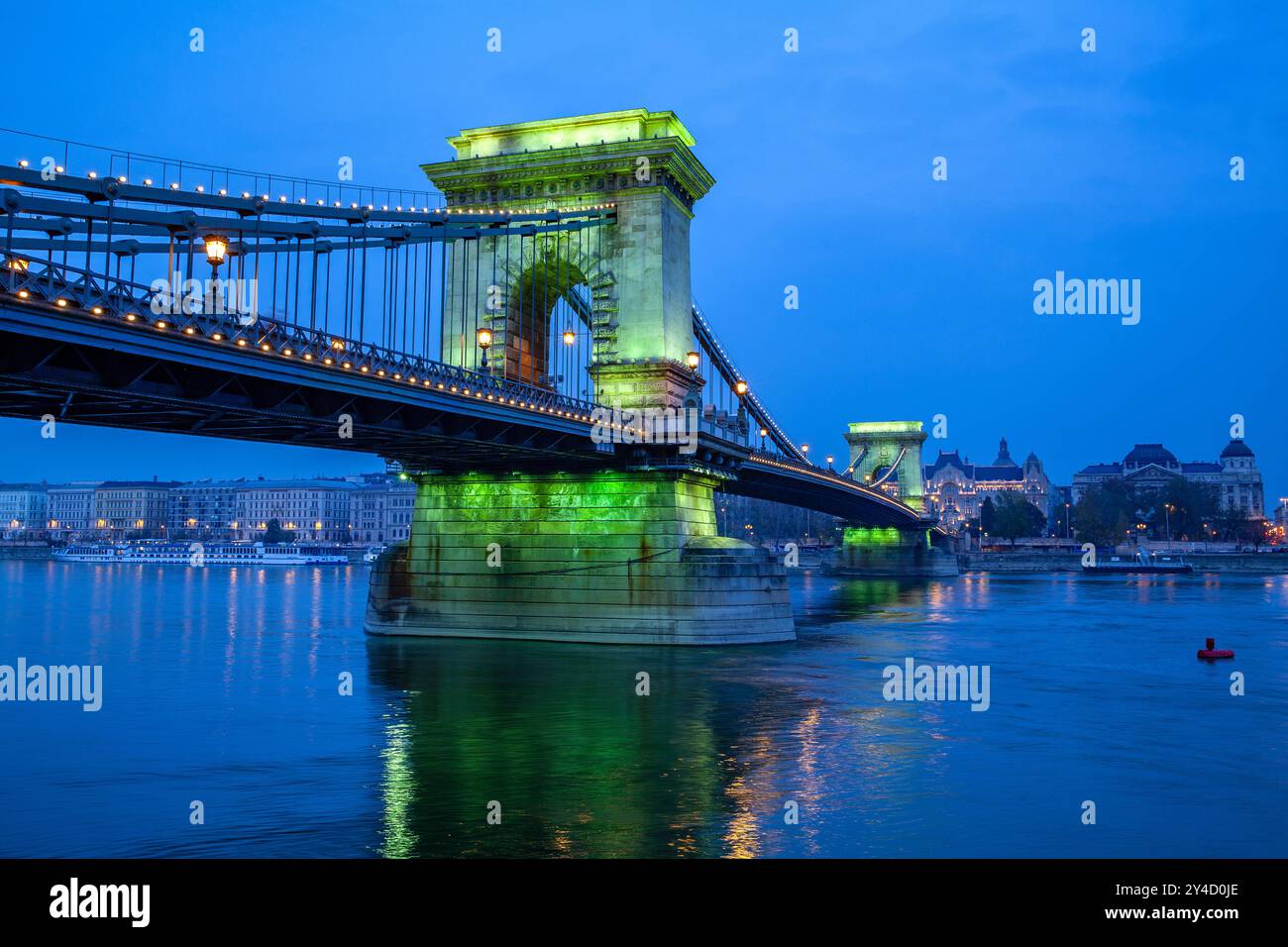Blue Hour The Bridge Lights Just Came On And Are Green As The Lights Warm Up, The Széchenyi ...