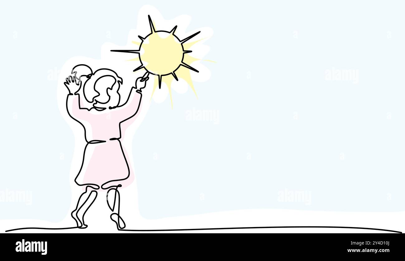 Small girl drawing sun on wall. Continuous One line drawing Stock ...