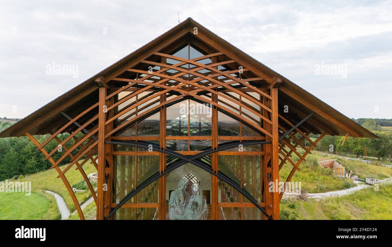 Aerial photograph of Holy Family Shrine on an overcast August morning ...