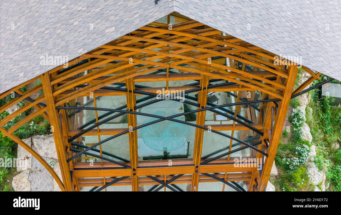 Aerial photograph of Holy Family Shrine on an overcast August morning ...