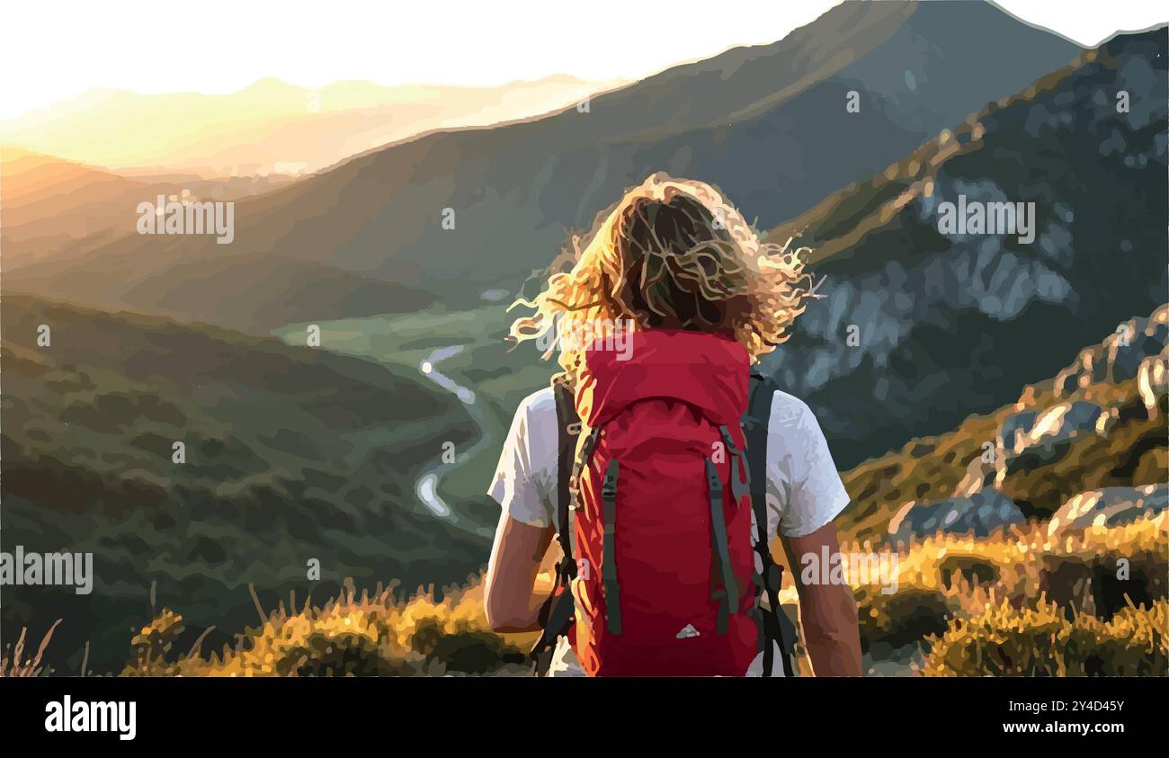 A vibrant woman in her 40s hikes a scenic mountain at sunrise, the wind ...