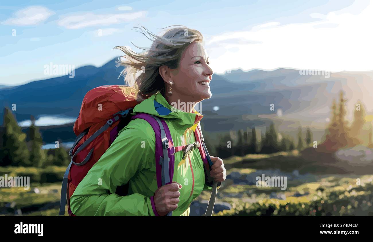 A vibrant woman in her 40s hikes a scenic mountain at sunrise, the wind ...