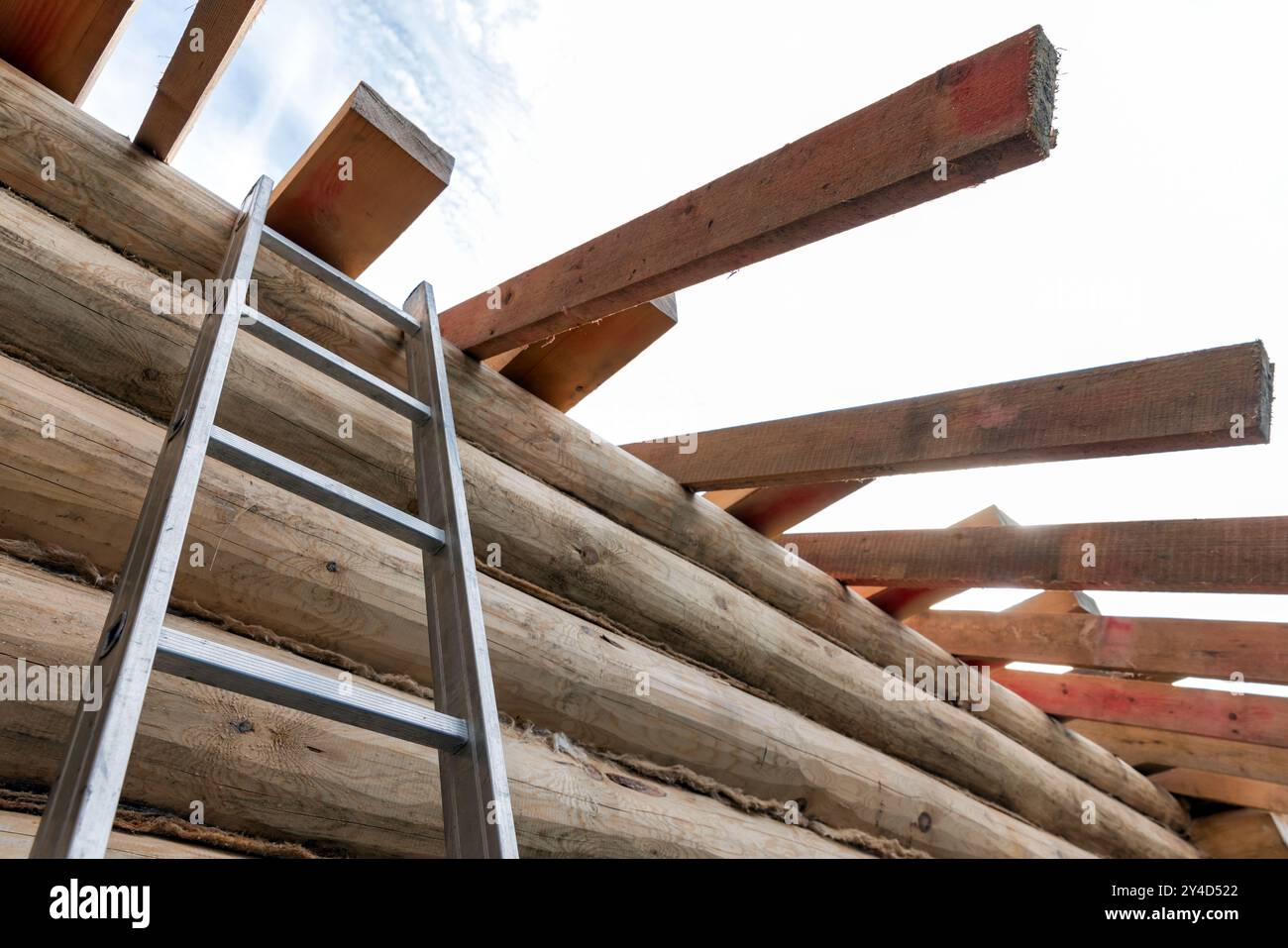 Rural wooden house house is under construction. A ladder goes up to the ...