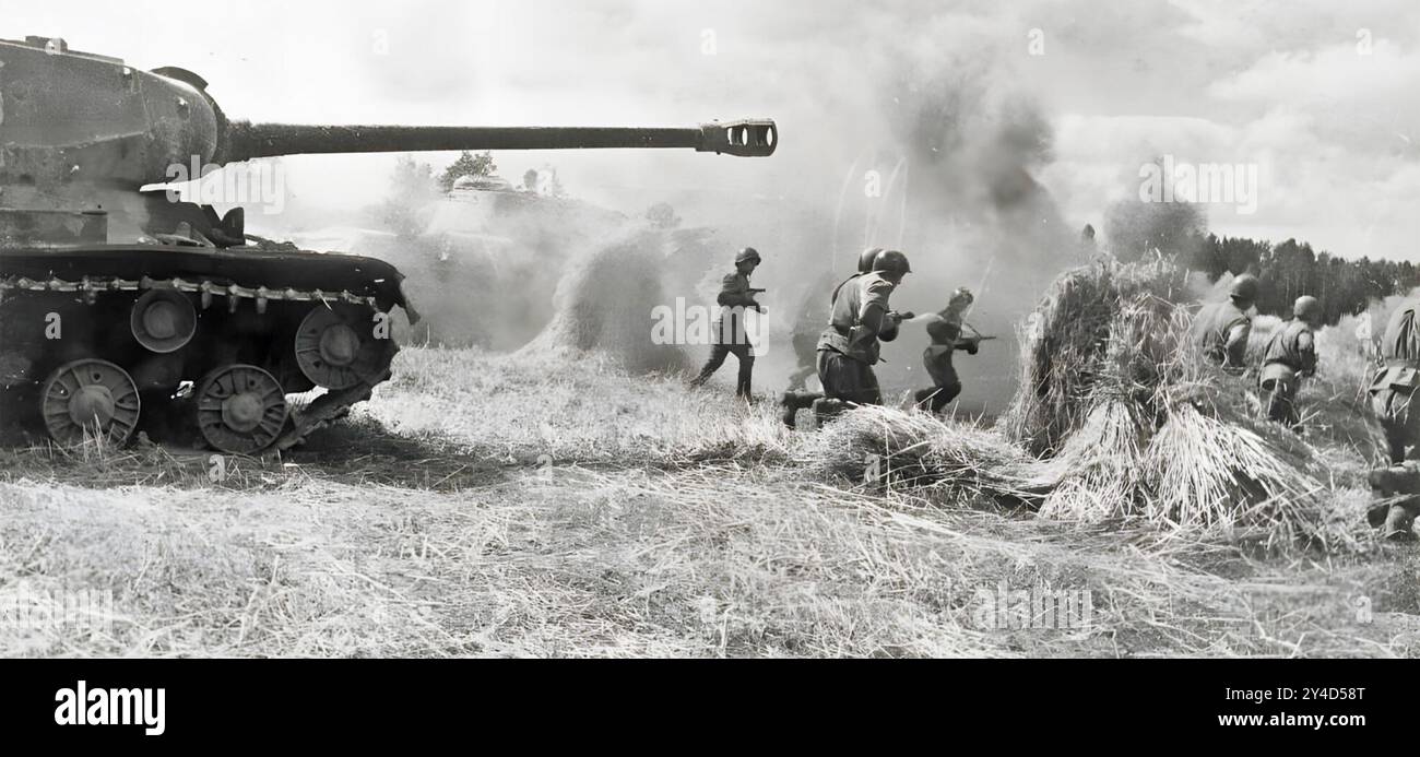 BATTLE OF KURSK July-August 1943. Russian troops advance through a ...