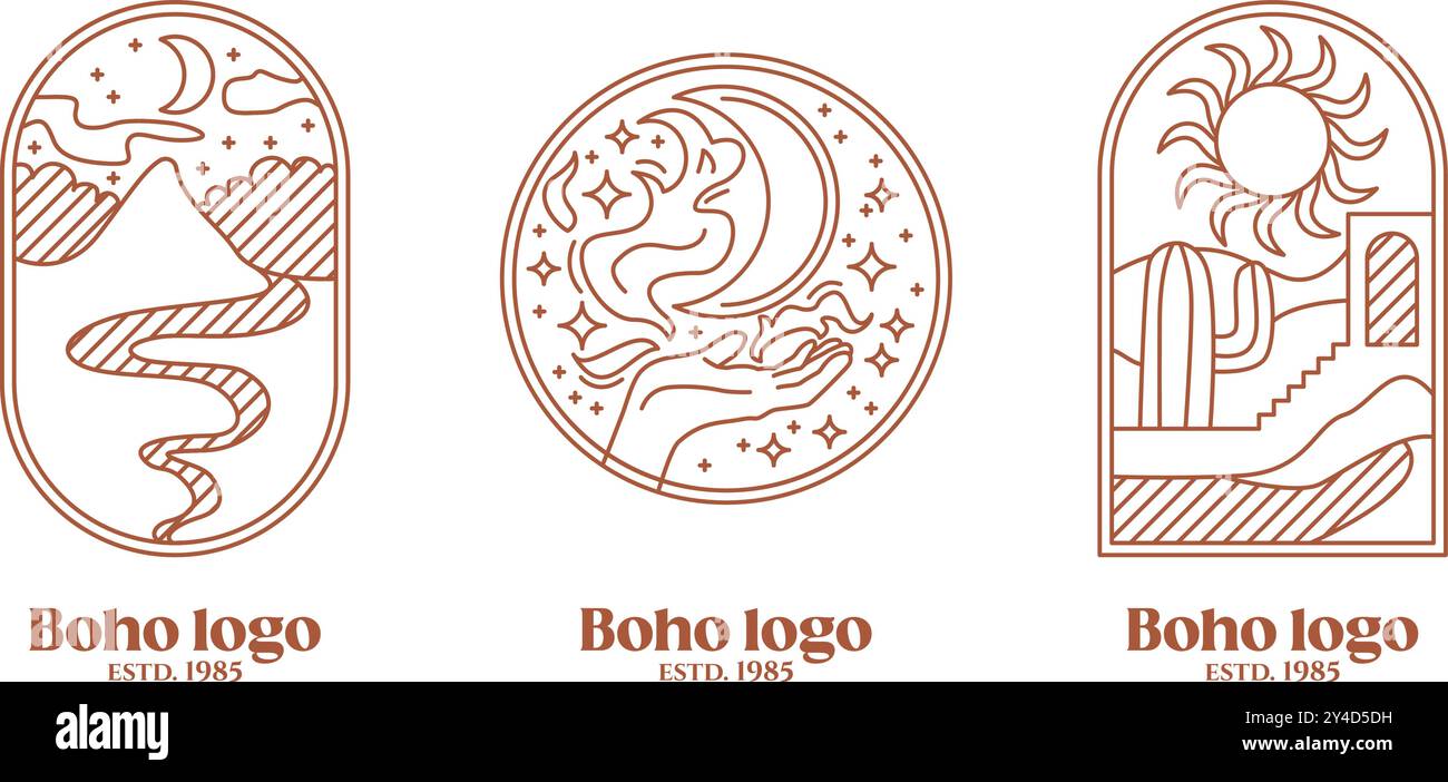 Nature brown outline boho logo. Night mountain, Hand with magic, moon ...