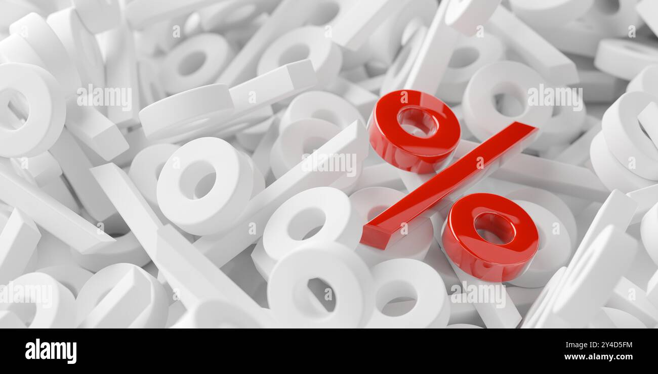 Heap of white percent sign symbols background with one red on top, sale ...