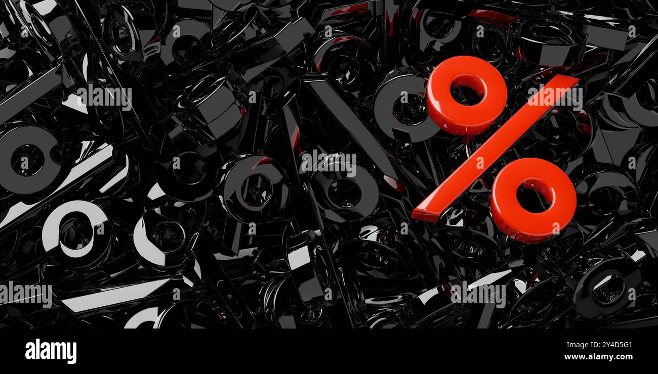Heap of black percent sign symbols background with one red on top, sale ...
