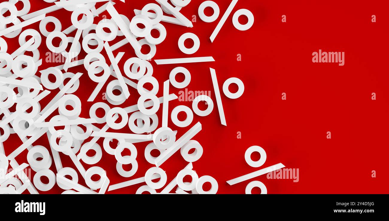 Heap of white percent sign symbols border on red background, sale ...