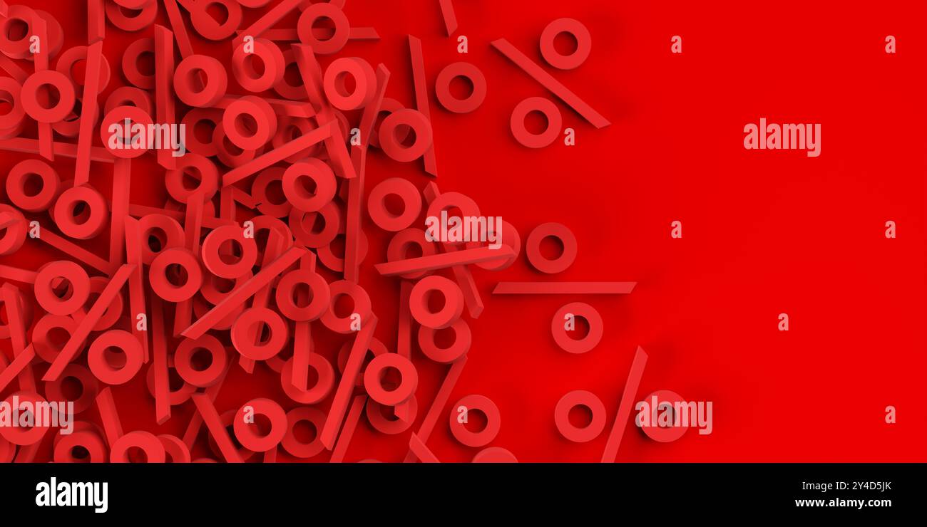 Heap of red percent sign symbols border on red background, sale ...