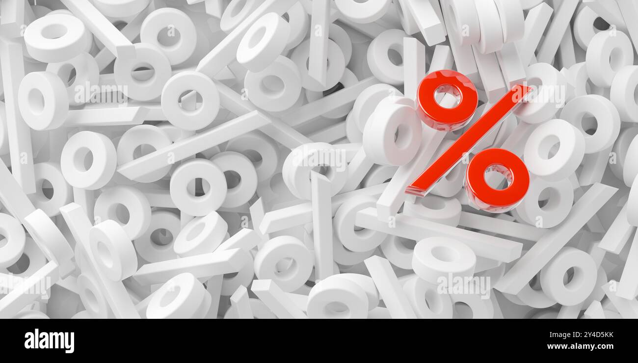 Heap of white percent sign symbols background with one red on top, sale ...