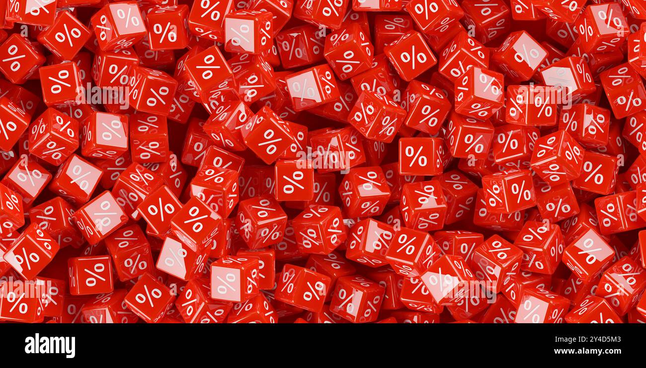 Heap of red cubes or dice with percent sign symbol, sale, discount or ...