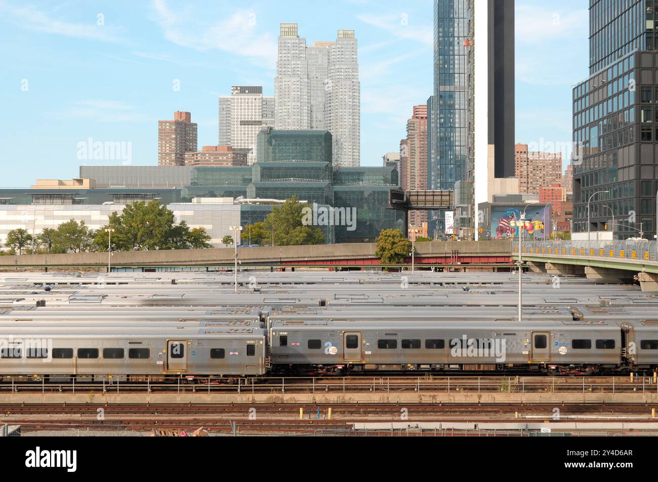 Trains are seen in a rail yard in the Hudson Yards neighborhood in ...
